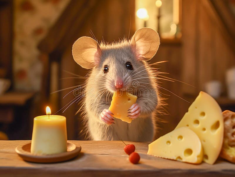 Cute Little Mouse Sitting on Table and Eating Cheese Stock Illustration ...