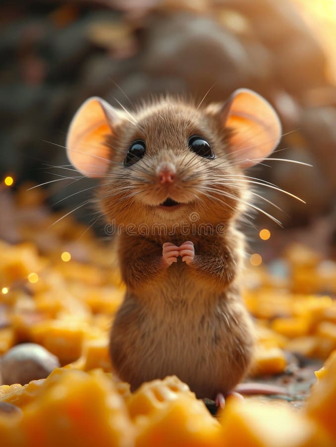 Cute Little Mouse Standing on the Hay and Looking at the Camera Stock ...