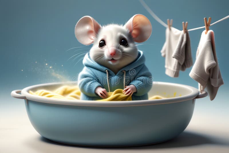 Cute Little Mouse Washing Clothes, Isolated on Blue Background Stock ...