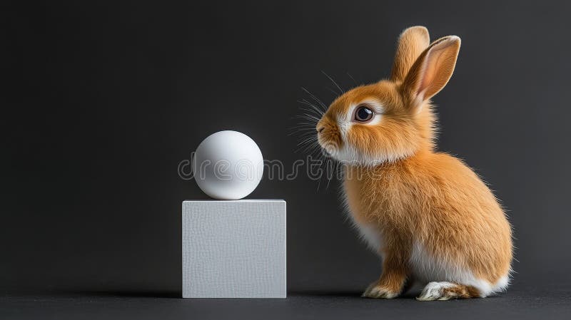 Cute Little Orange Rabbit beside a White Sphere and Cube Stock ...