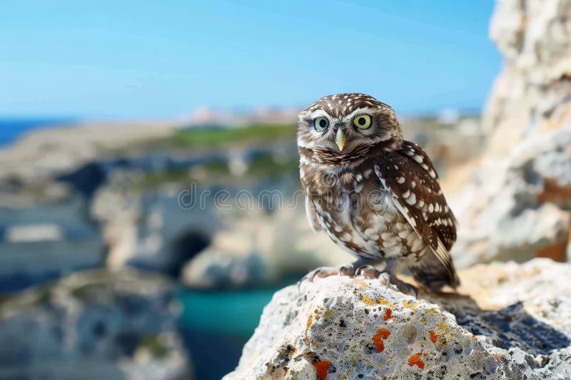A Cute Little Owl on a Rock in a Stunning Landscape Stock Image - Image ...