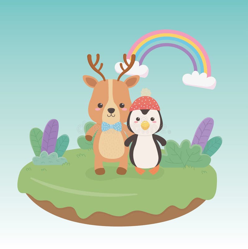 Cute and Little Penguin and Reindeer in the Field Stock Vector ...