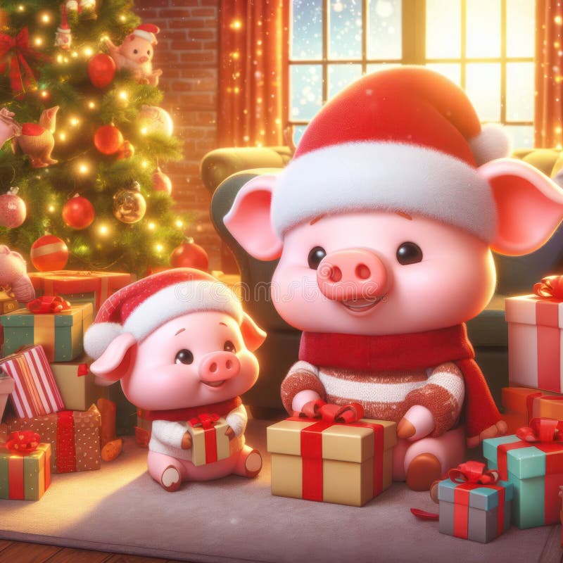 Cute Little Pigs Wearing Santa Hats Stock Illustration - Illustration ...