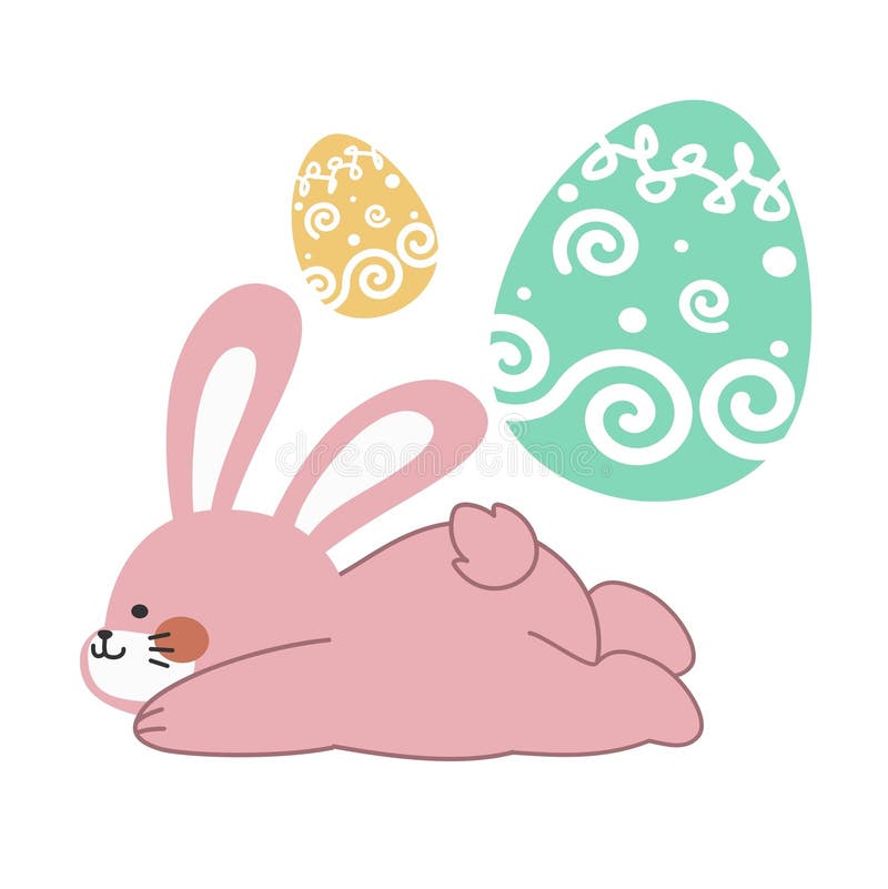 Cute Little Pink Easter Bunny Carrying and Lying on an Easter Egg ...