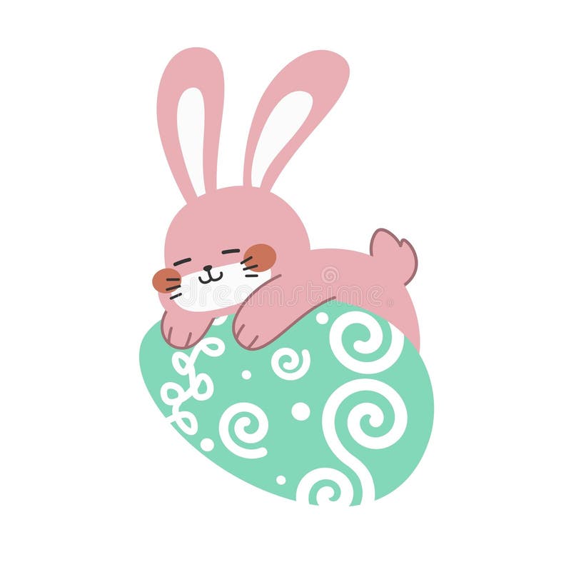 Cute Little Pink Easter Bunny Carrying and Lying on an Easter Egg ...