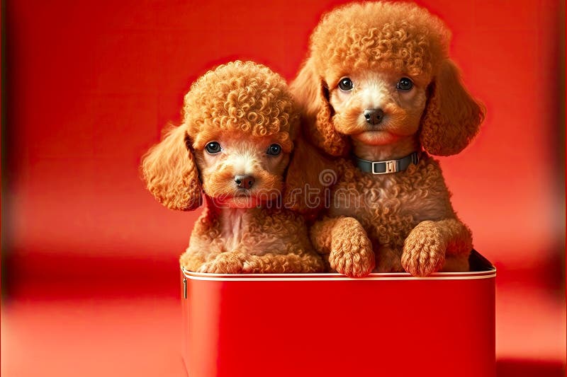 Cute Little Poodles Puy in Red Box Stock Illustration - Illustration of ...