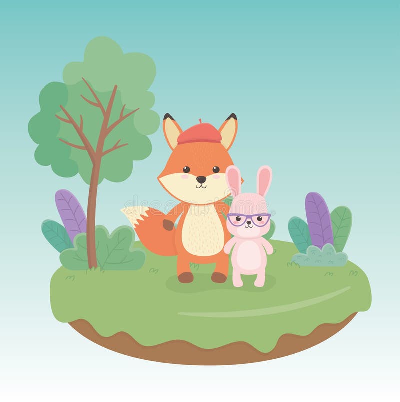 Cute and Little Rabbit and Fox in the Field Stock Vector - Illustration ...