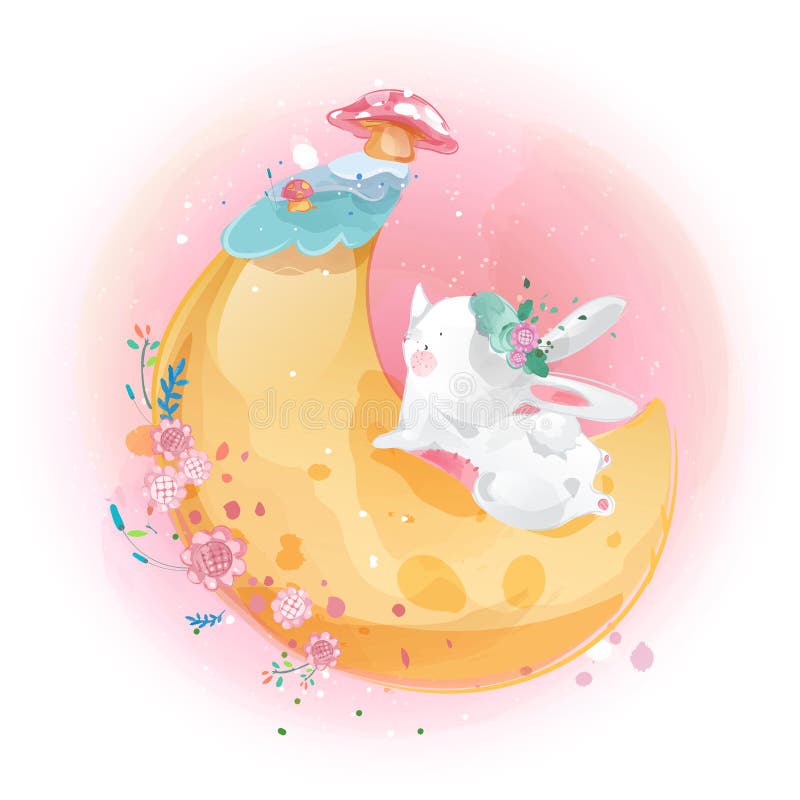 Cute Little Rabbit and Moon in the Bright Sky Stock Vector ...
