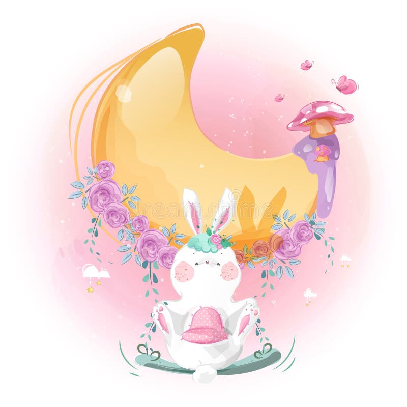 Cute Little Rabbit and Moon in the Bright Sky Stock Illustration ...