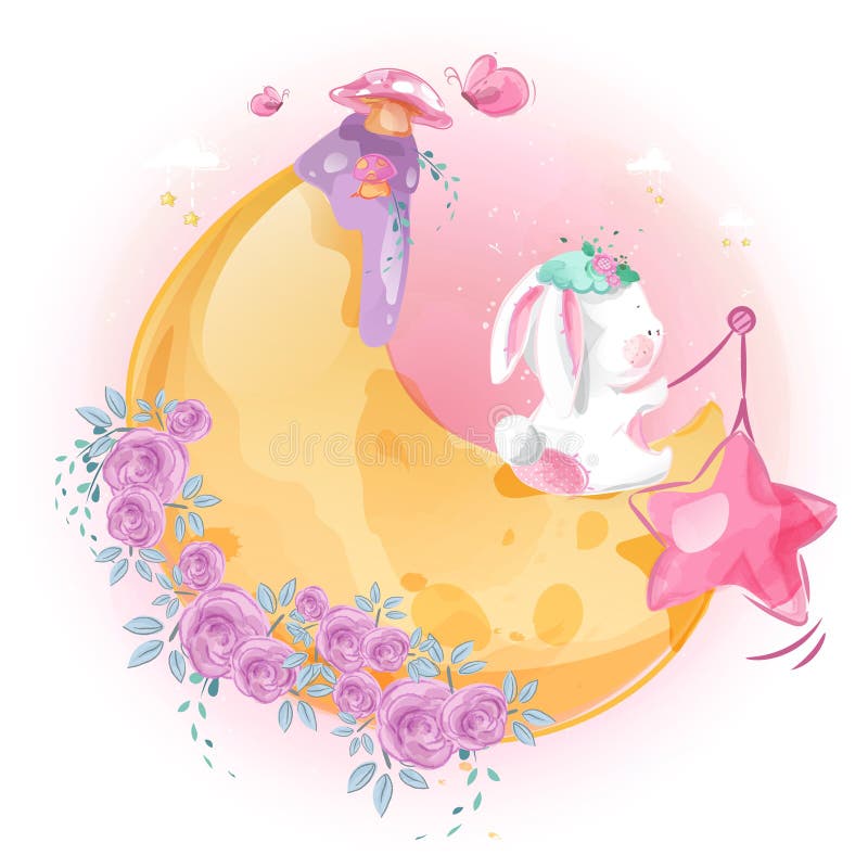 Cute Little Rabbit and Moon in the Bright Sky Stock Illustration ...