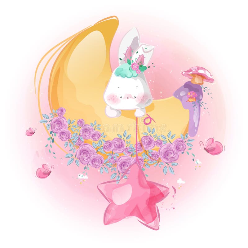Cute Little Rabbit and Moon in the Bright Sky Stock Illustration ...