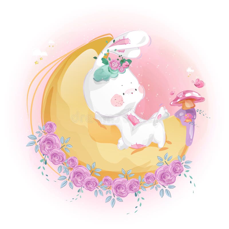 Cute Little Rabbit and Moon in the Bright Sky Stock Illustration ...