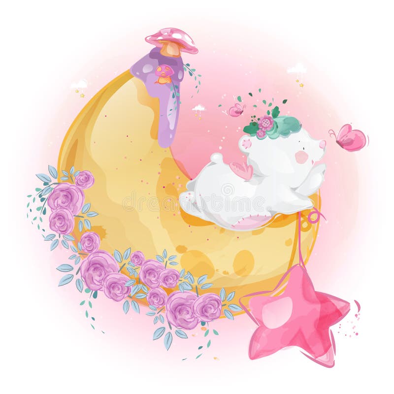 Cute Little Rabbit and Moon in the Bright Sky Stock Illustration ...
