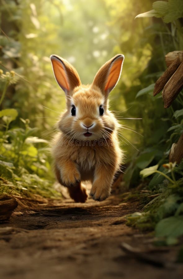 Cute Little Rabbit Running Down a Path in the Woods, Stock Image ...