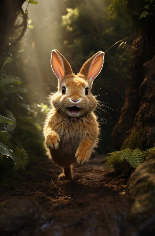 Cute Little Rabbit Running Down a Path in the Woods, Stock Photo ...