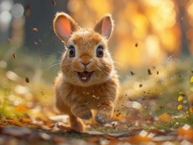 Cute Little Rabbit Running in the Forest. Stock Image - Image of animal ...