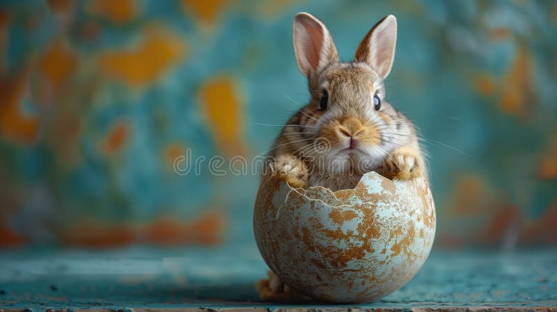 Cute Little Rabbit Sitting in an Eggshell. Easter Concept. Stock Photo ...