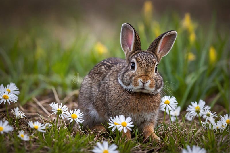 Cute Little Rabbit Sitting on the Grass with Daisies Stock Illustration ...
