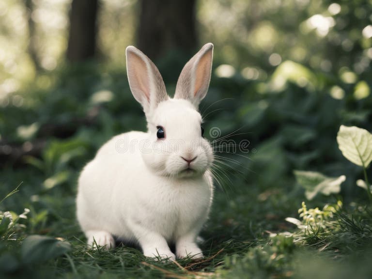 A Cute Little Rabbit is Sitting on the Ground in a Forest. Stock Photo ...