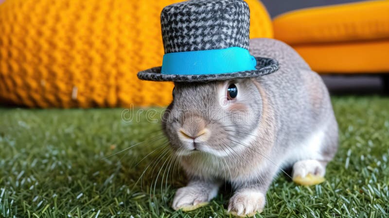 Cute Little Rabbit Wearing a Hat Sitting on the Green Grass. Stock ...