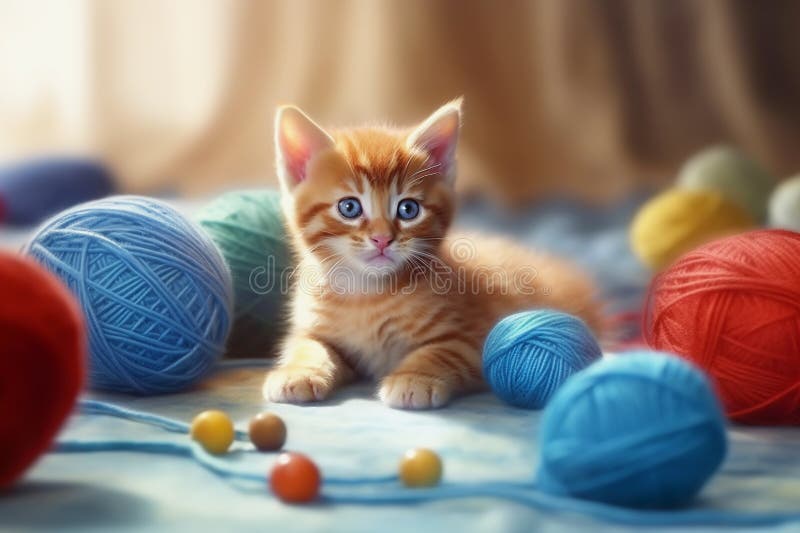 Cute Little Red Kitten Plays with Multi-colored Tangles of Thread Stock ...