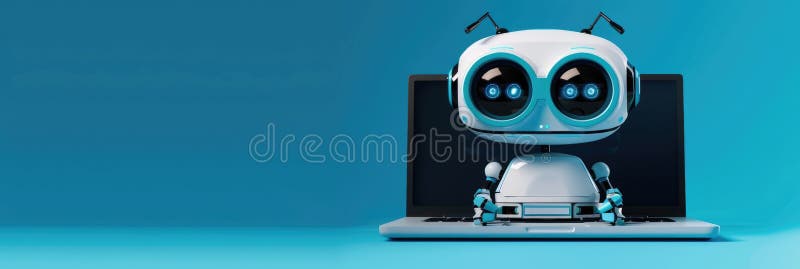 Cute Little Robot Assistant Uses Laptop, Web Computer Security, Mobile ...