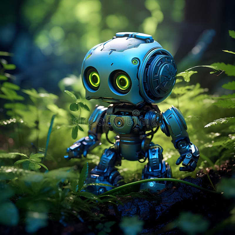 Cute Little Robot in the Forest. Stock Photo - Image of little, blue ...