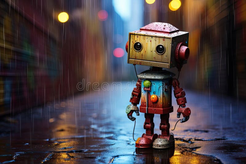 Cute Little Robot Stand in Rain AI Generated Stock Illustration ...