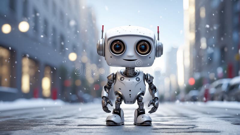 Cute Little Robot on the Street Winter Stock Illustration ...