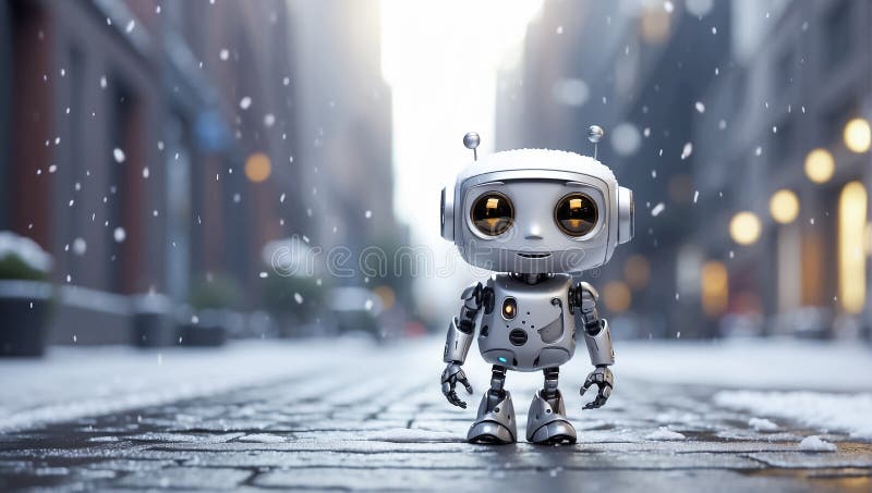 Cute Little Robot on Street Winter Design Friendly Stock Illustration ...
