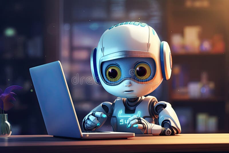 Cute Little Robot Work on Computer Digital Technology Stock ...