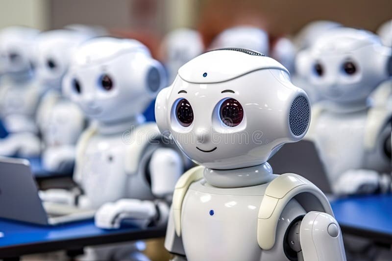 Cute Little Robots Sitting at Desk with Computers in School, Doing ... Cute Little Robots Sitting at Desk with Computers in School, Doing ...
