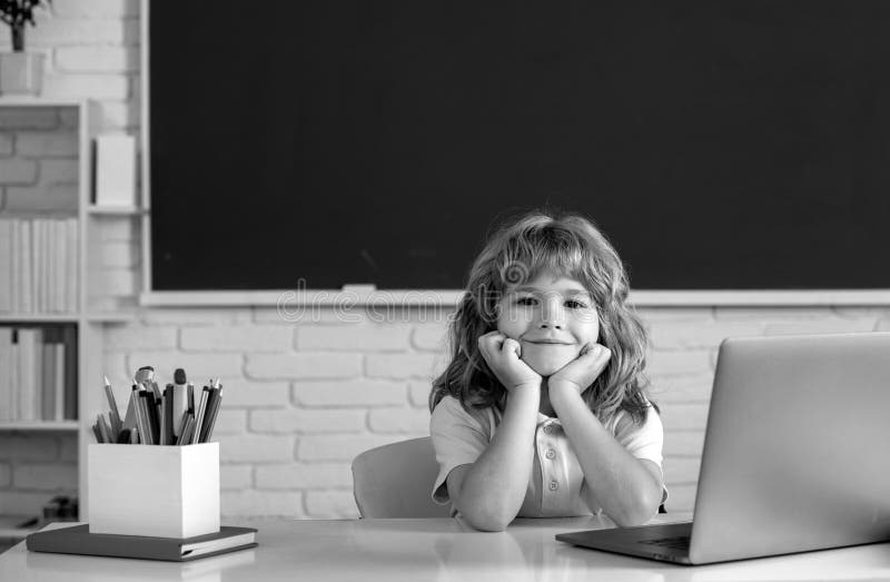 Cute Little School Kid Boy Study in a Classroom. Online Learning ...