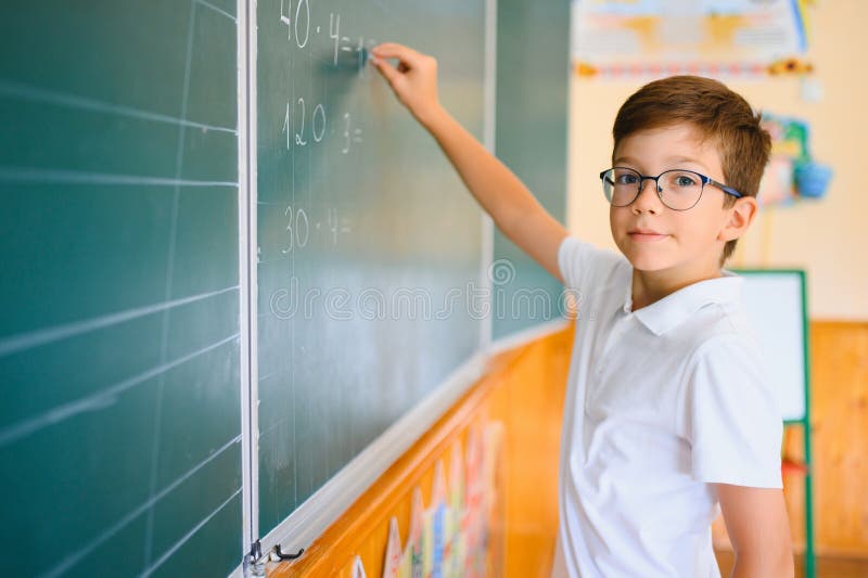 Cute Little Schoolboy Diligent Write Chalk Solve Math Problem Dressed ...