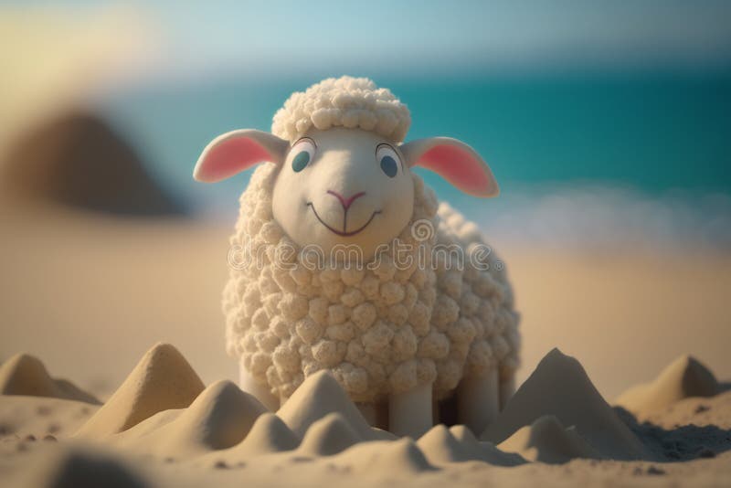 Cute Little Sheep Playing in the Sand on the Beach Stock Illustration ...