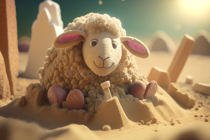 Cute Little Sheep Playing in the Sand on the Beach Stock Illustration ...