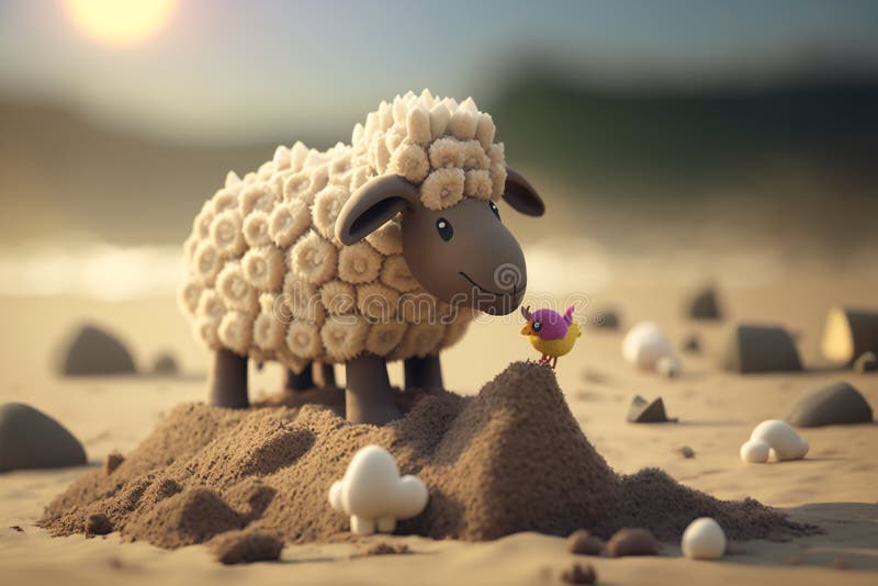 Cute Little Sheep Playing in the Sand on the Beach Stock Illustration ...