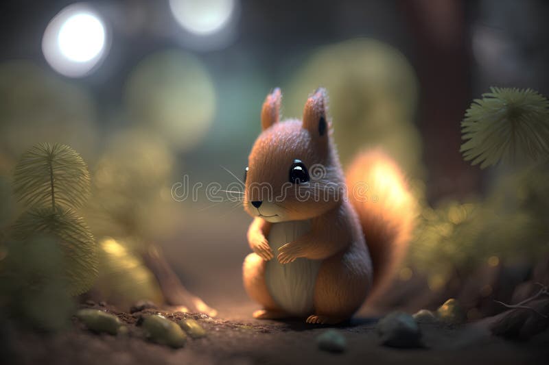 Cute Little Squirrel in the Forest at Night, Soft Focus. Stock Image ...