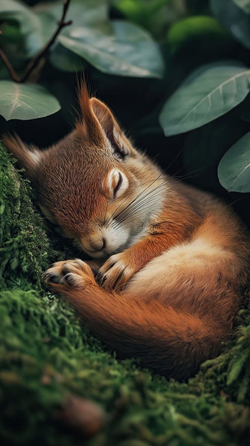Cute Little Squirrel Sleeping in a Nest of Autumn Leaves, Selective ...