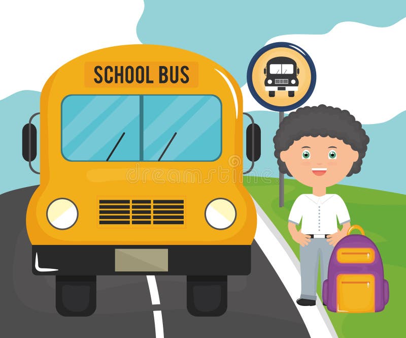 Cute Little Student Boy in the Bus Stop Stock Vector - Illustration of ...