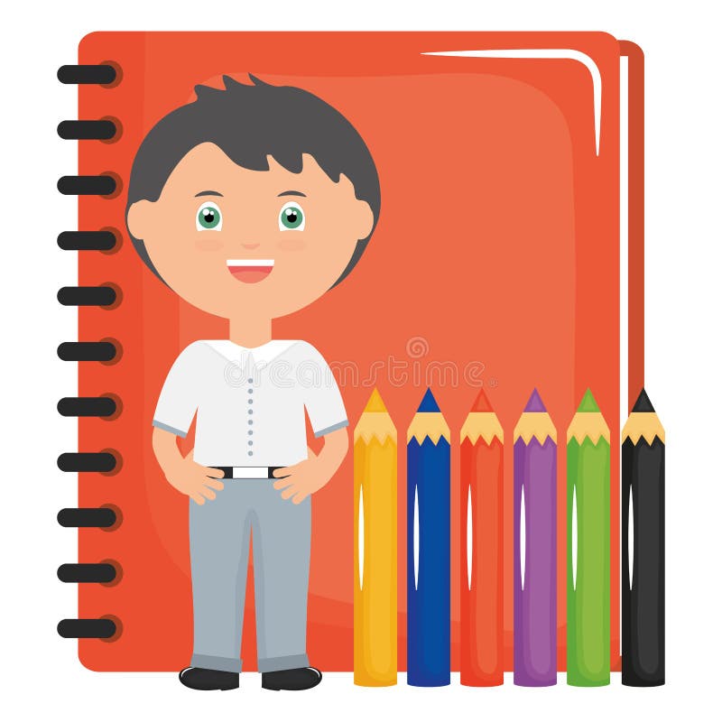 Cute Little Student Boy with Pencils Colors and Notebook Stock Vector ...