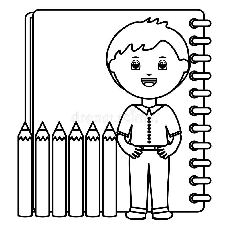 Cute Little Student Boy with Pencils Colors and Notebook Stock Vector ...
