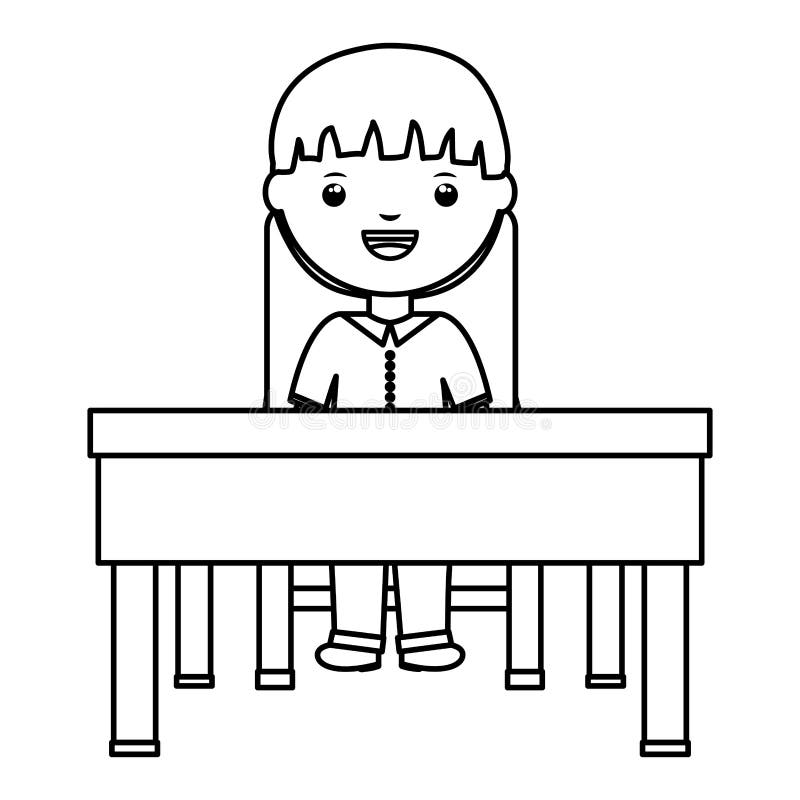 Cute Little Student Boy Seated in Schooldesk Stock Vector ...