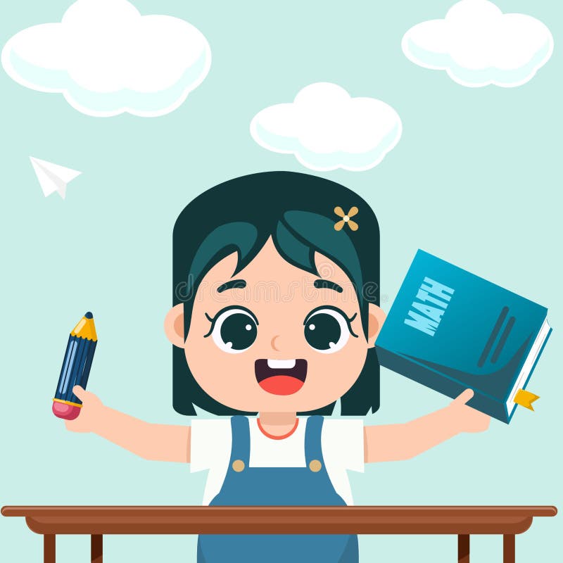 Cute Elementary School Girl Learning in the Class with Pencil and Math ...