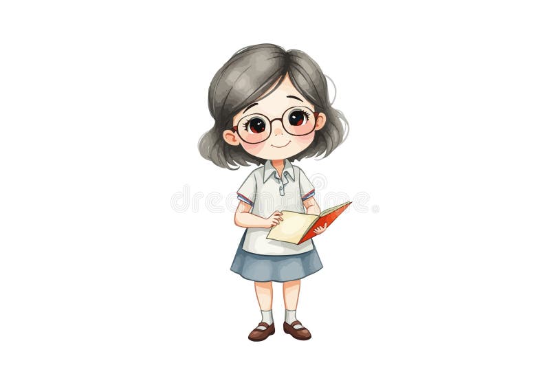 Cute Little Student Watercolor Vector Illustration. Stock Illustration ...