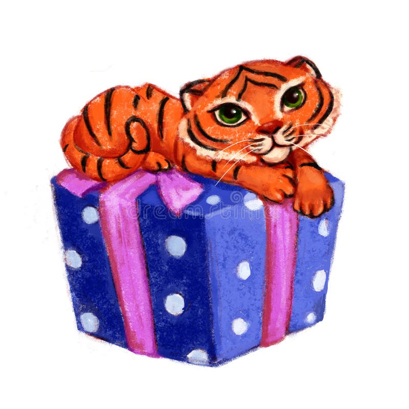Cute Little Tiger Lying on the Present Stock Illustration ...