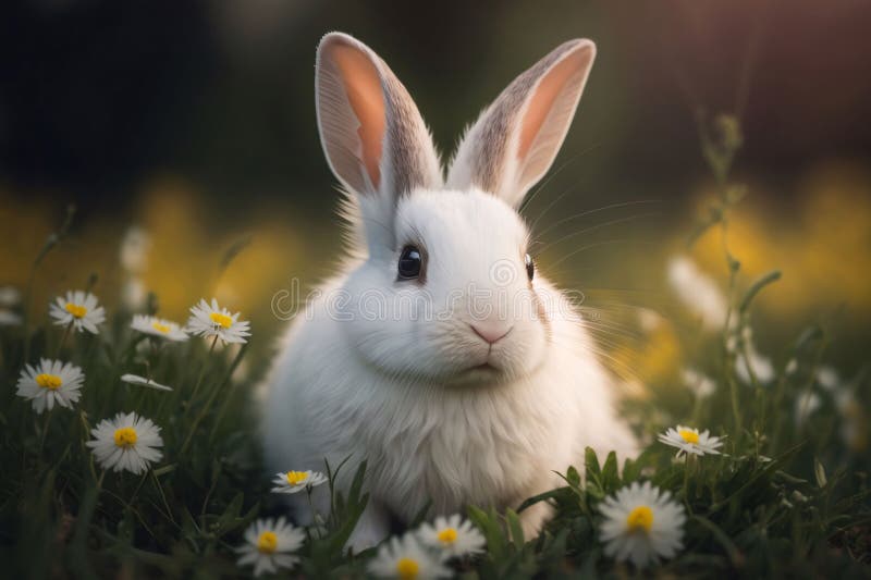 Cute Little White Rabbit Sitting in the Grass and Daisy Flowers Stock ...