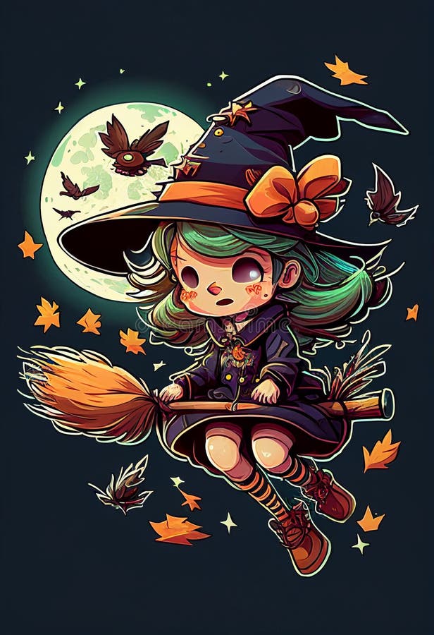 Cute Little Witch on a Broom. AI Generated Stock Illustration ...