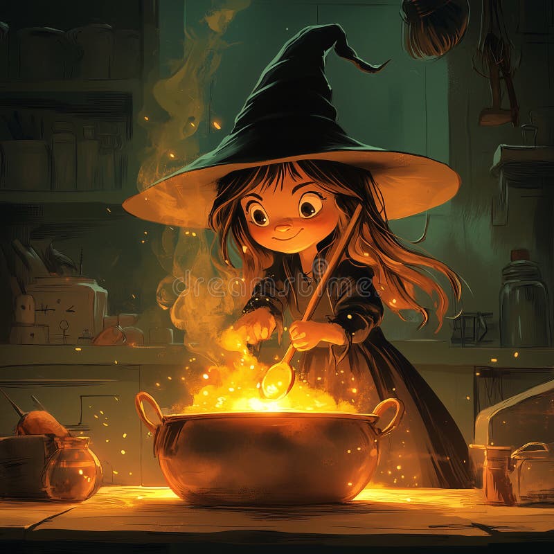 Cute Little Witch Stirring a Magic Potion in Her Cauldron at Home Stock ...