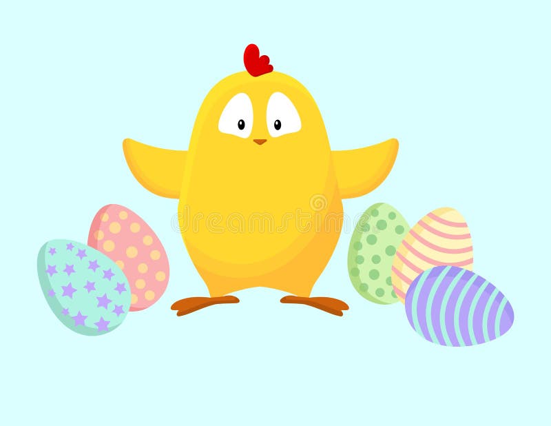 Cute Little Yellow Chicken with Easter Eggs Cartoon Image Stock Vector ...